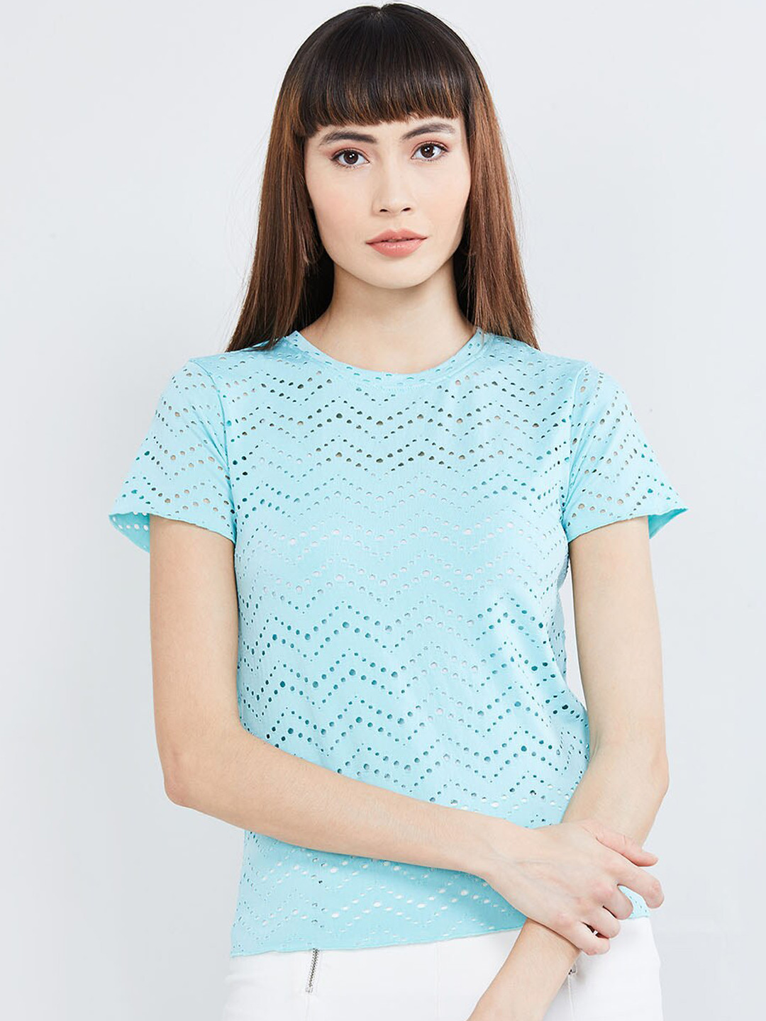 Buy Max Women Aqua Blue Self Design Schiffli Top - Tops for Women ...