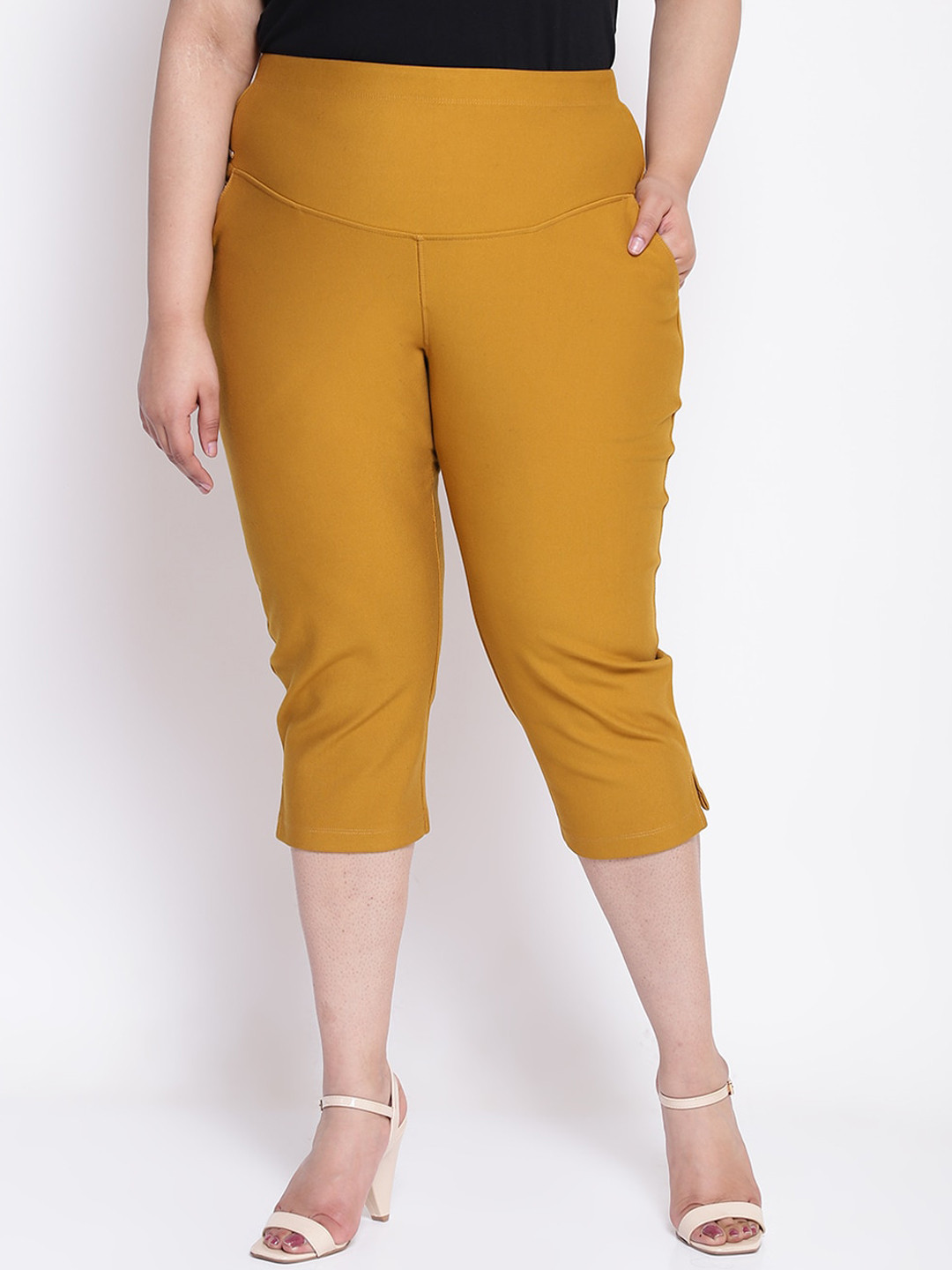 Buy Amydus Women Plus Size Mustard Yellow Solid Regular Fit Capris ...