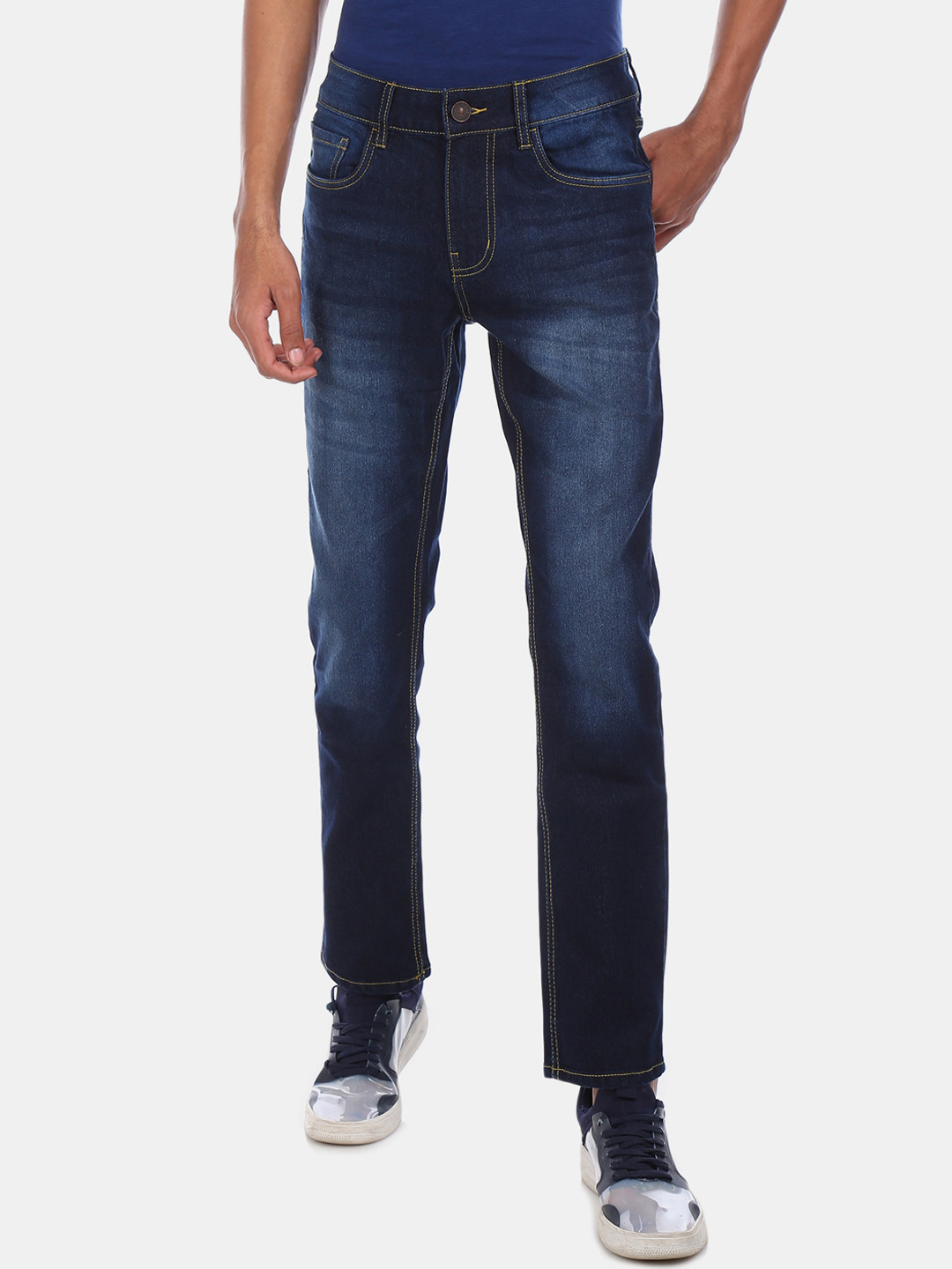 Buy Colt Men Navy Blue Straight Fit Mid Rise Clean Look Stretchable ...