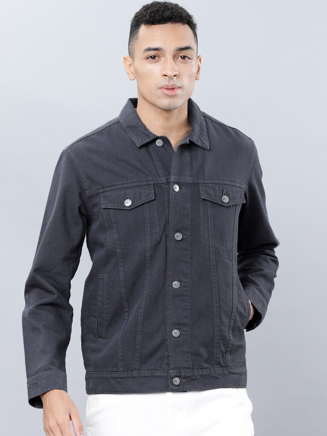 Buy HIGHLANDER Men Grey Solid Denim Jacket - Jackets for Men 13414214 ...