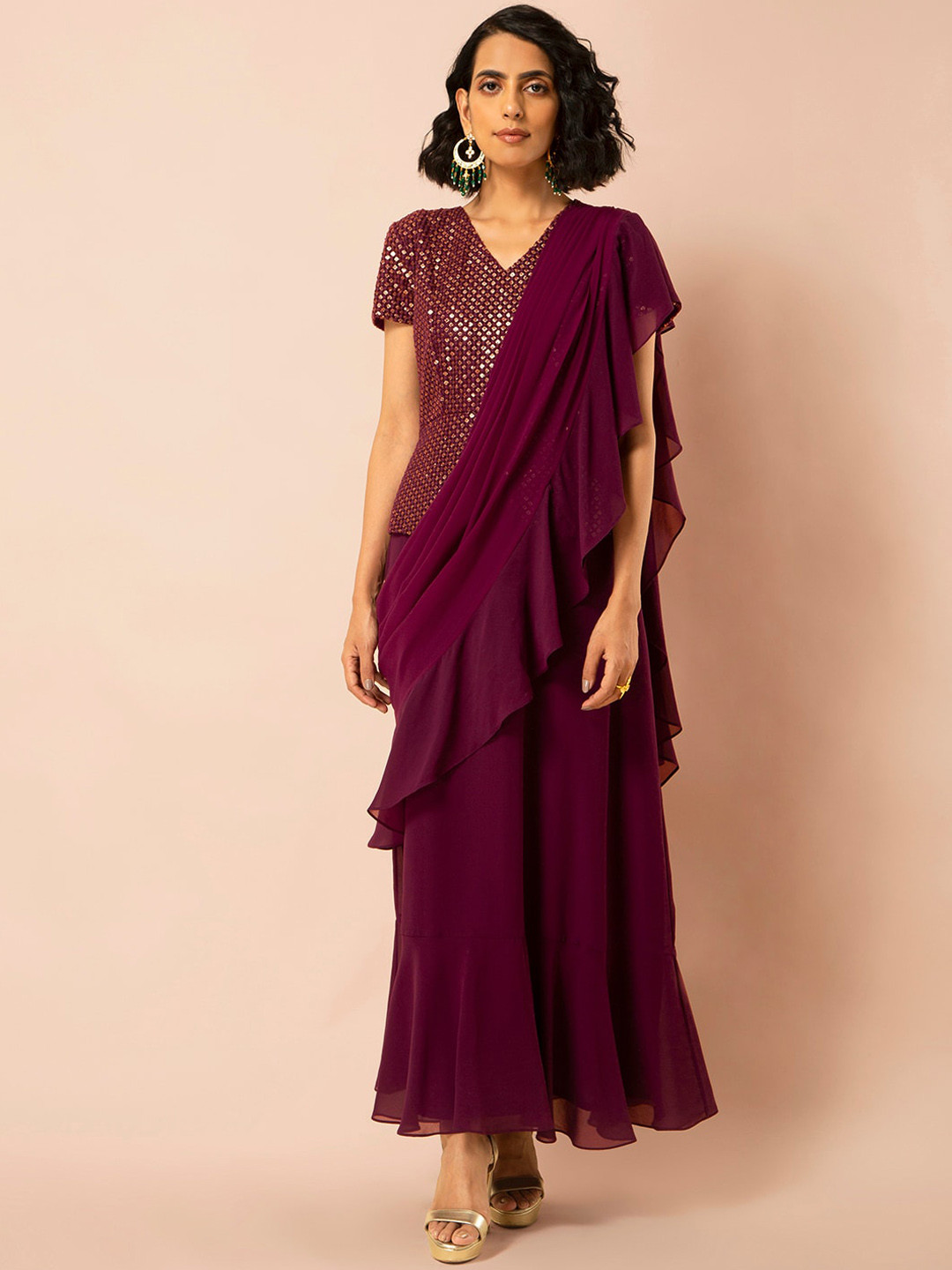 Buy INDYA Purple Embroidered Peplum Ruffled Sari Tunic - Sarees for ...