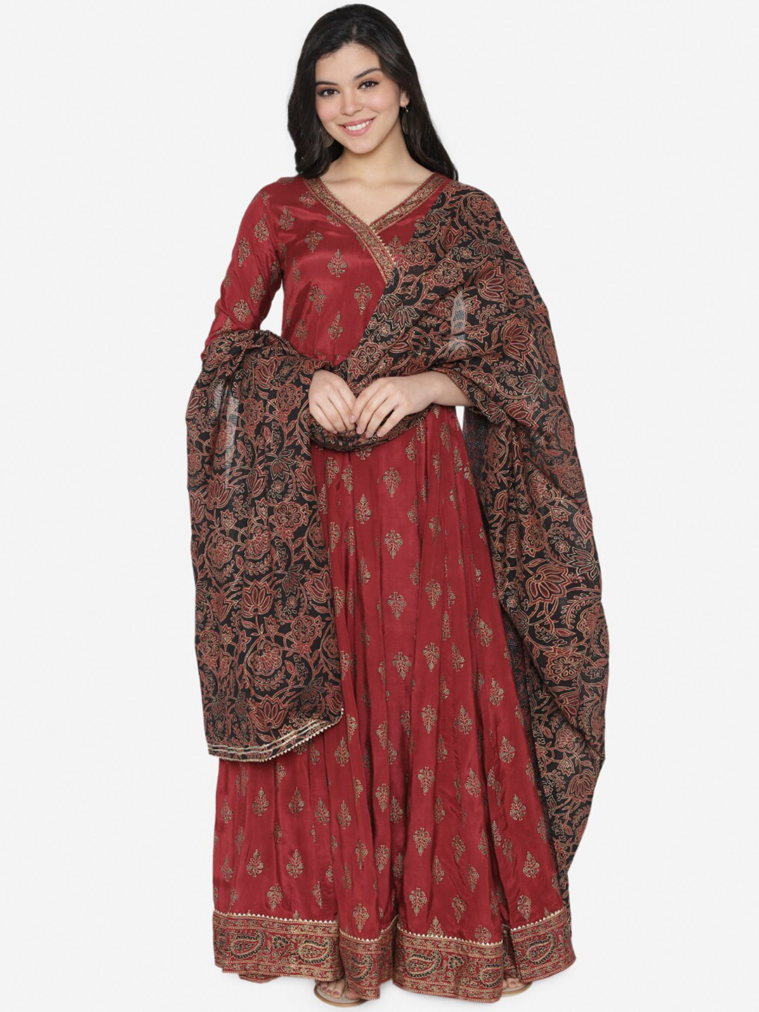 Buy TARA C TARA Women Maroon Floral Printed Maxi Dress With Dupatta ...