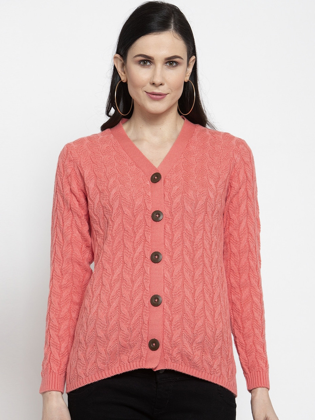 Buy Kalt Women Peach Colored Self Design Cardigan - Sweaters for Women ...