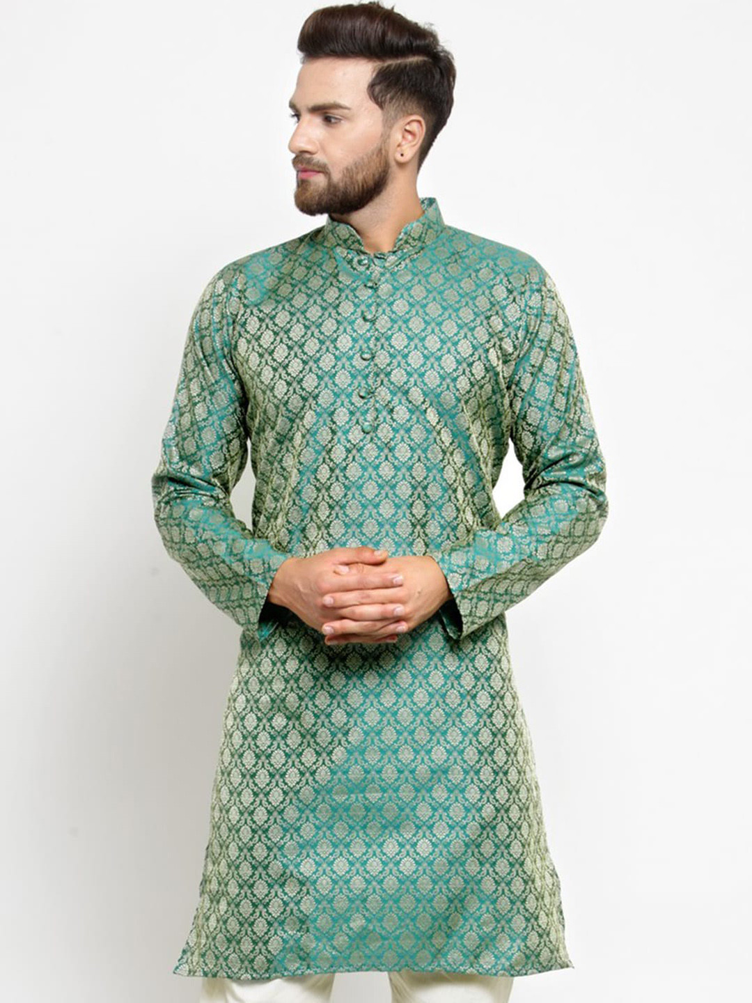 Buy Jompers Men Green & Gold Toned Woven Design A Line Kurta - Kurtas ...