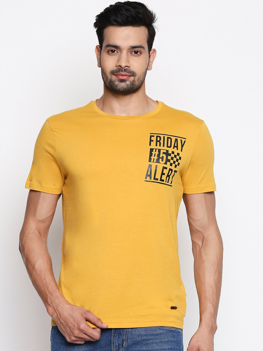 Buy People Men Mustard Yellow Printed Round Neck Pure Cotton T Shirt ...