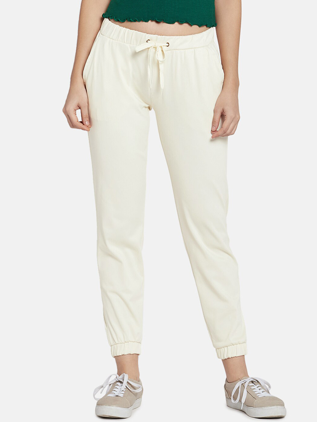 Buy Go Colors Women Cream Coloured Regular Fit Solid Joggers - Trousers ...