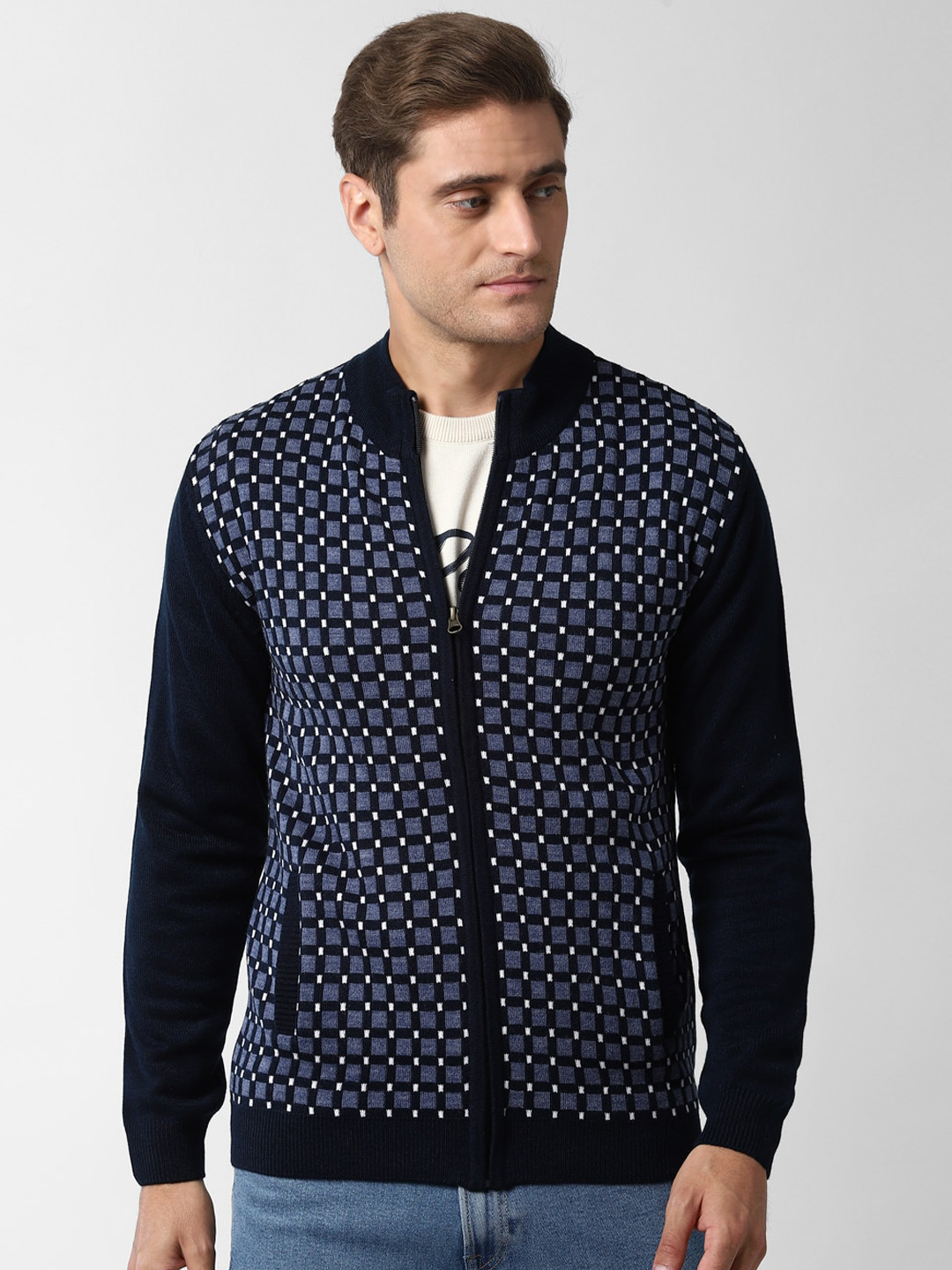 Buy Peter England Casuals Men Navy Blue & White Self Design Cardigan ...