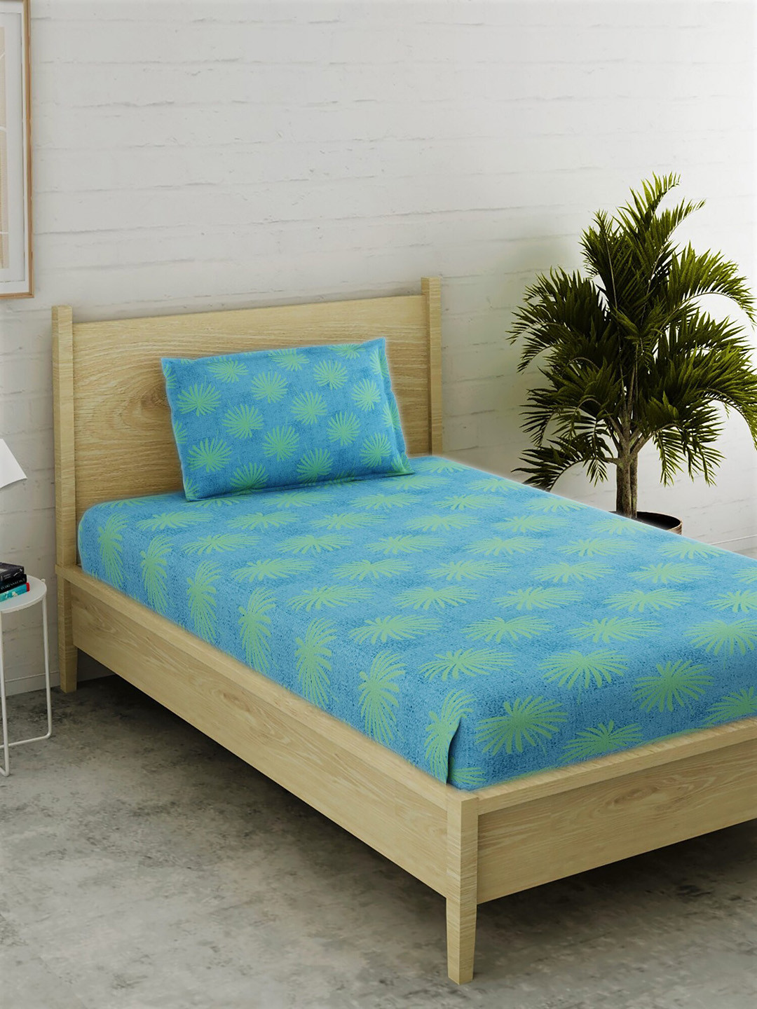 Buy EverHOME Blue & Green Floral 144 TC Cotton 1 Single Bedsheet With 1 ...