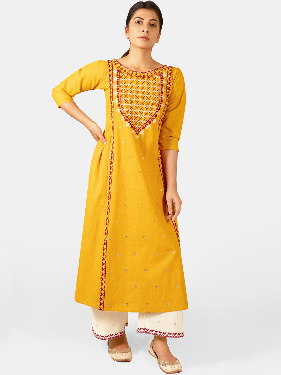 Buy Mesmora Women Mustard Embroidered Kurti With Palazzos - Kurta Sets ...