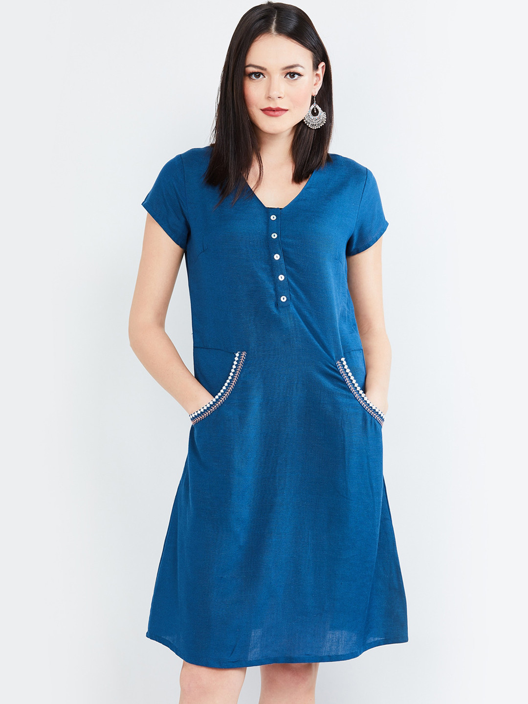 Buy Max Women Blue Solid A Line Dress - Ethnic Dresses for Women ...
