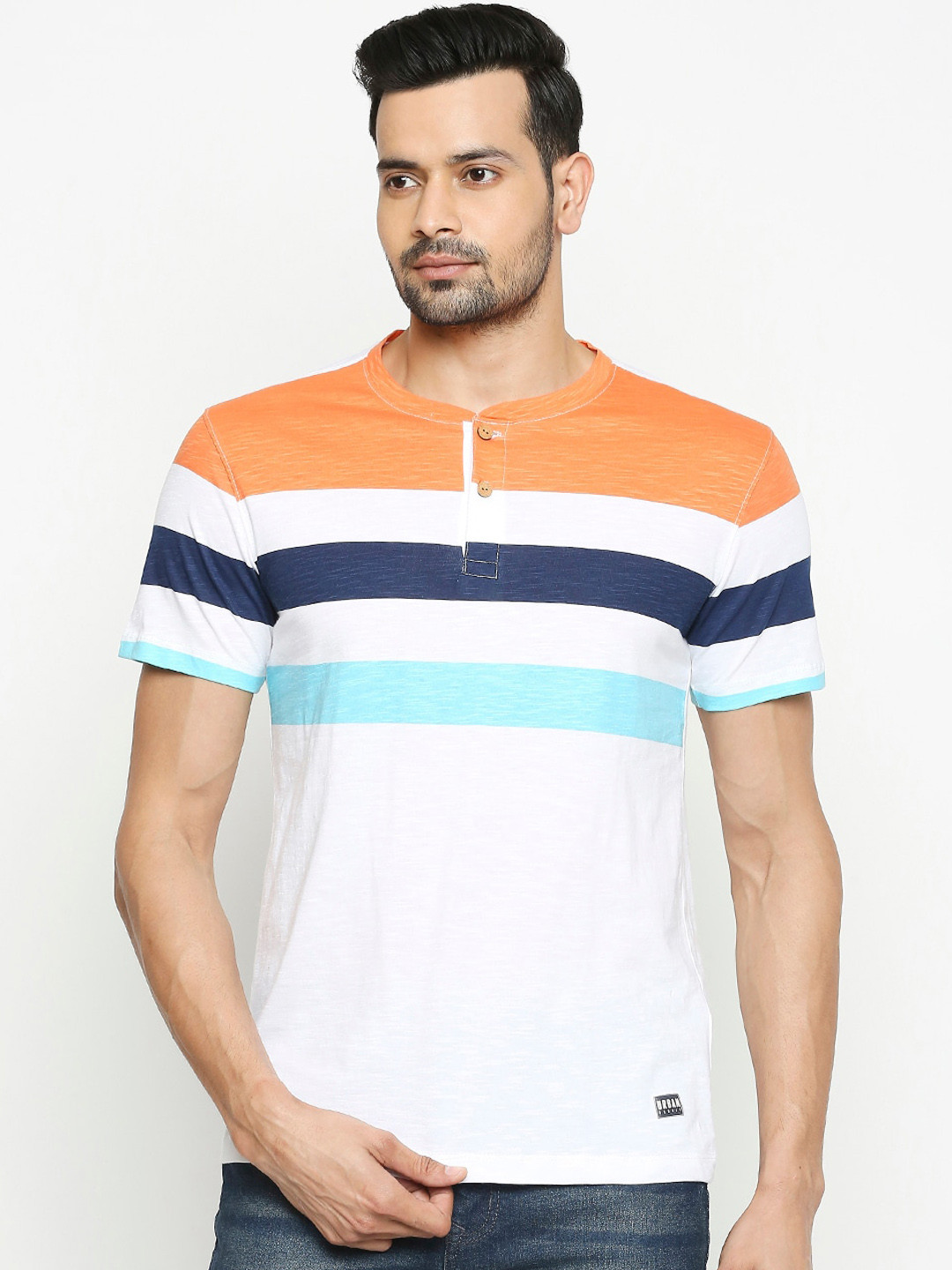 Buy Urban Ranger By Pantaloons Men White Striped Henley Neck T Shirt ...