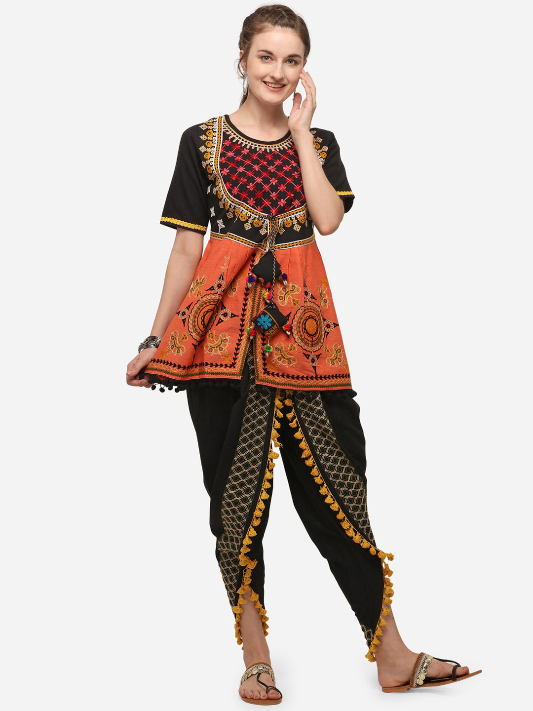 Buy Mesmora Women Black & Peach Coloured Embellished Kedia With Dhoti ...