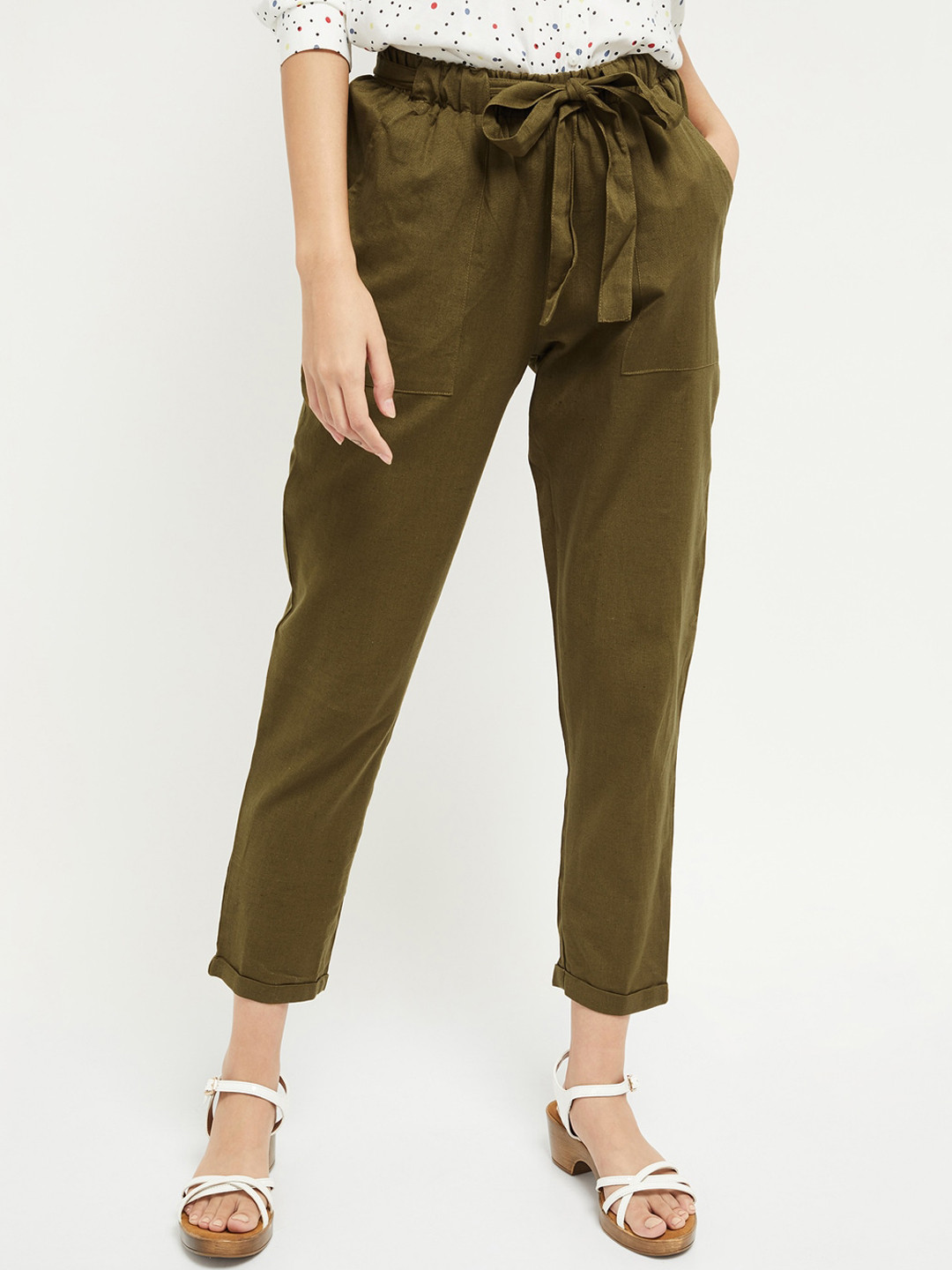 Buy Max Women Olive Green Regular Fit Solid Peg Trousers - Trousers for ...