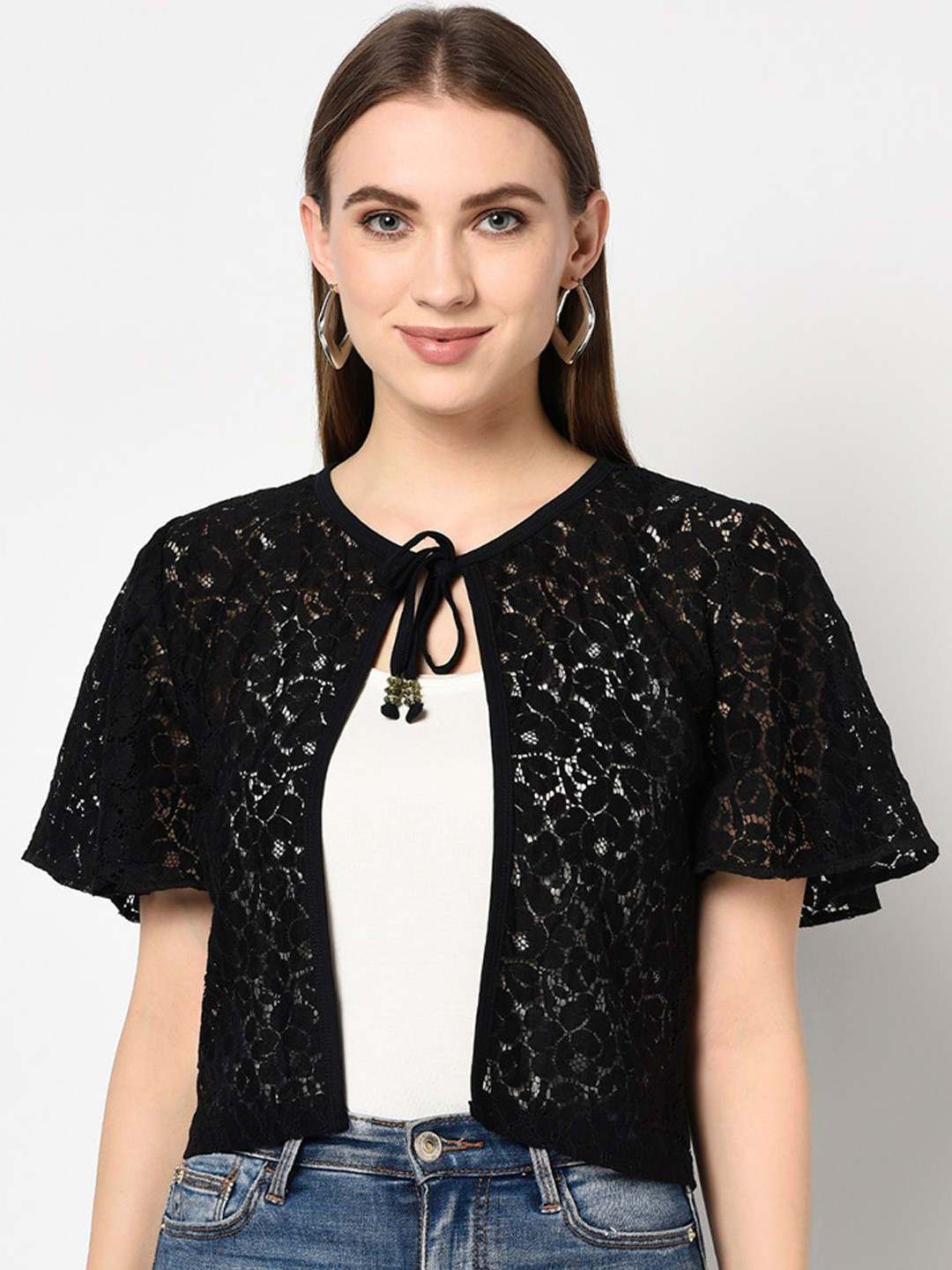 Buy Espresso Women Black Self Design Tie Up Shrug - Shrug for Women ...