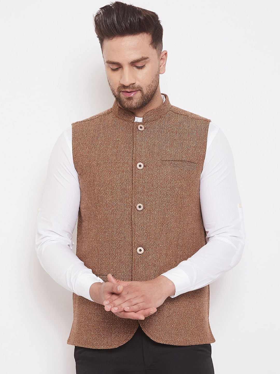 Buy Even Men Brown Solid Woven Nehru Jacket - Nehru Jackets for Men ...
