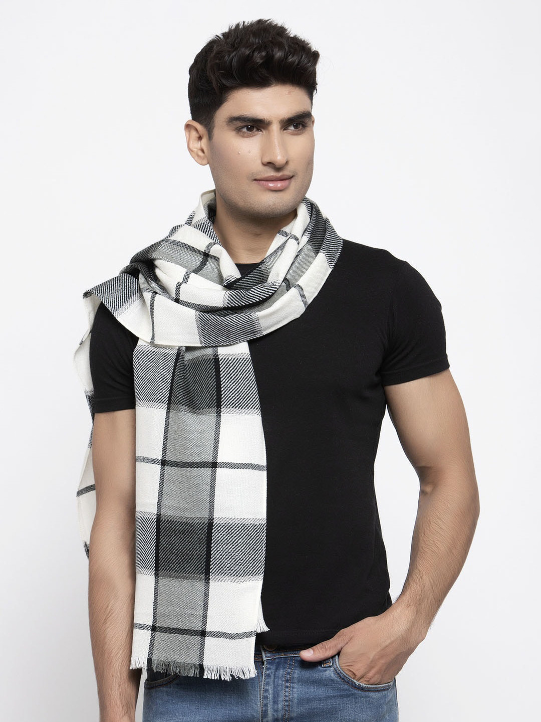 Buy Calvadoss Men Off White & Black Checked Long Fit Muffler - Mufflers ...