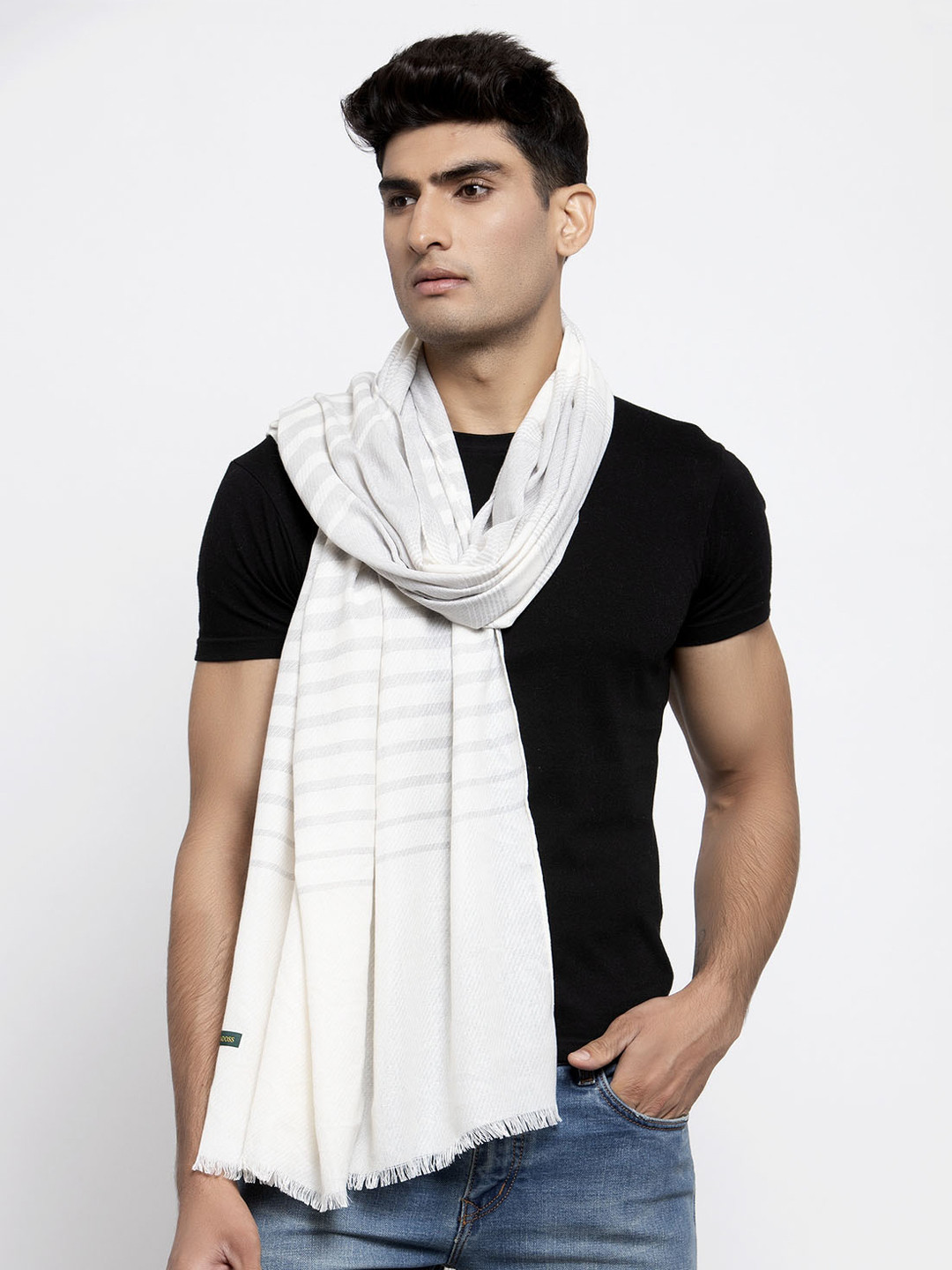 Buy Calvadoss Men Off White & Grey Striped Long Fit Premium Muffler ...