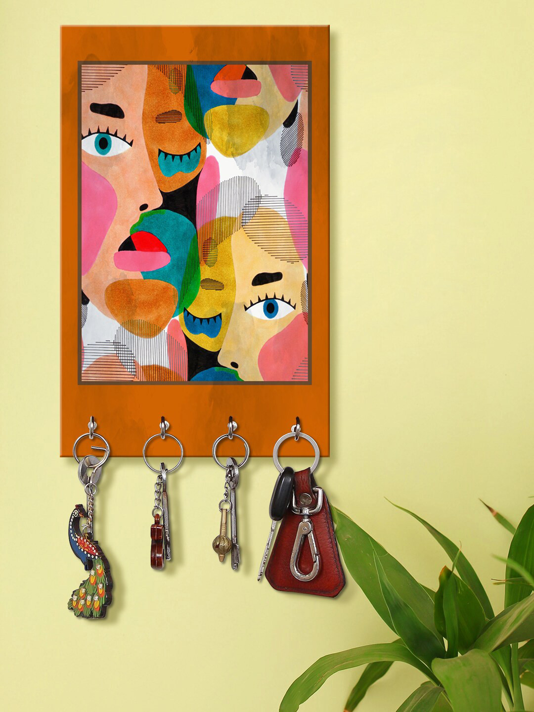 Buy 999Store Yellow & Pink Abstract Face Printed Key Holder - Key ...