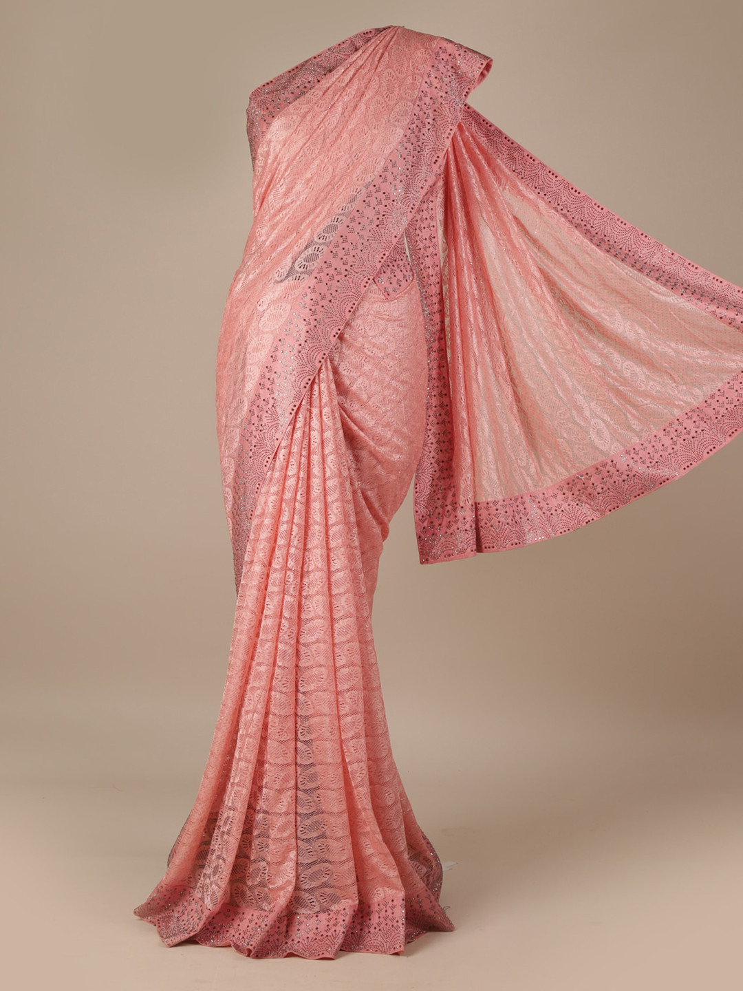 Buy Pothys Pink Solid Net Saree With Embellished Border - Sarees for ...