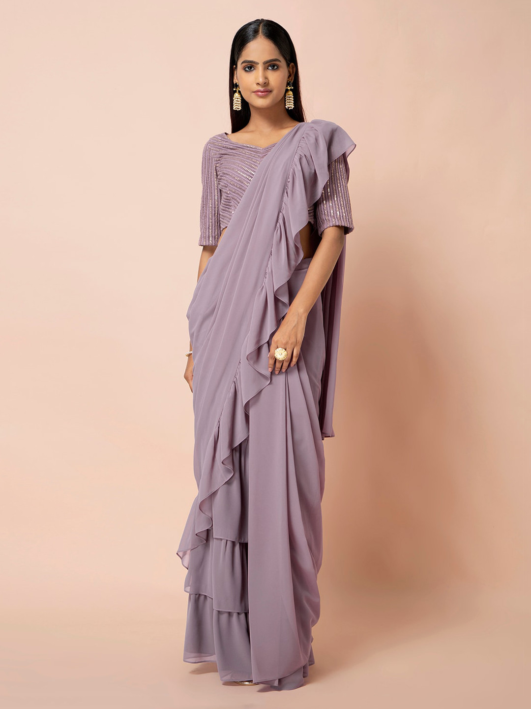 Buy INDYA Lavender Solid Ruffled Pre Draped Ready To Wear Saree ...