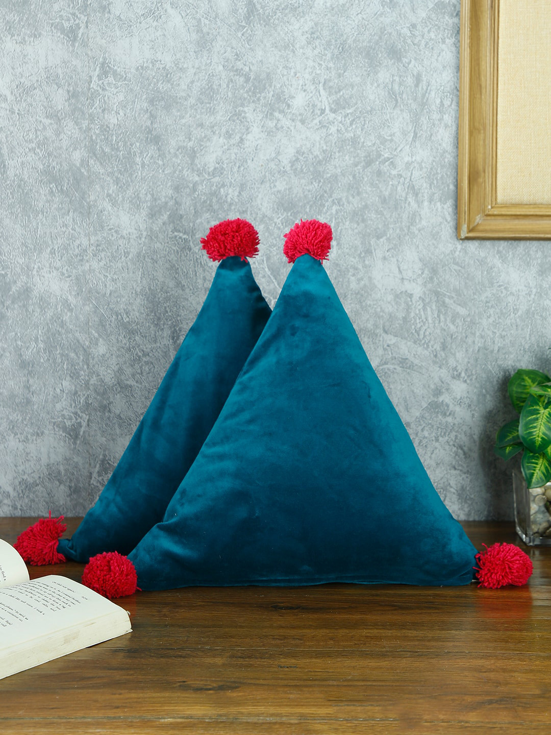 Buy Eyda Set Of 2 Blue Solid Super Soft Velvet Triangle Filled Cushions ...
