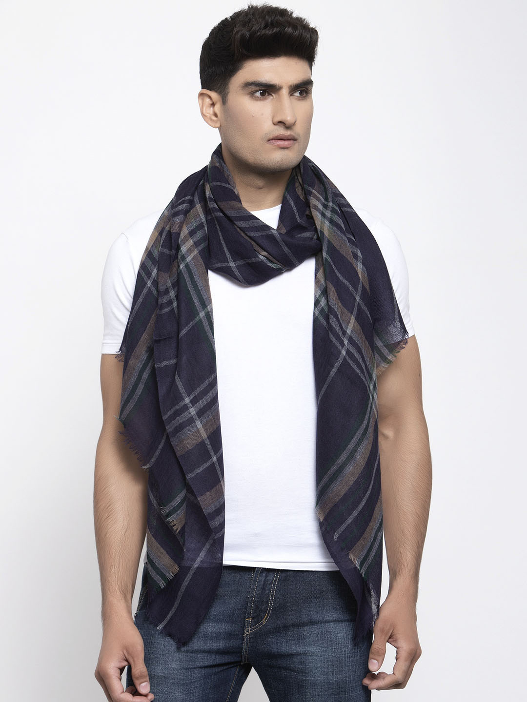 Buy Calvadoss Men Navy Blue & White Checked Sustainable Muffler ...