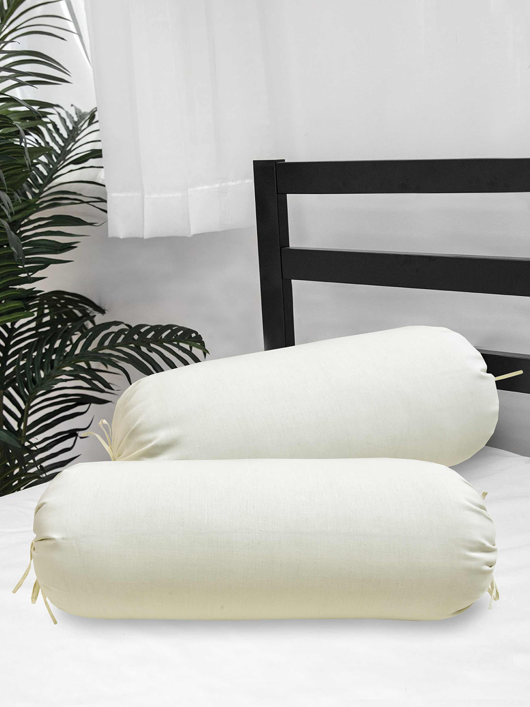 Buy Clasiko Set Of 2 Cream Coloured Solid Sustainable Bolster Covers ...