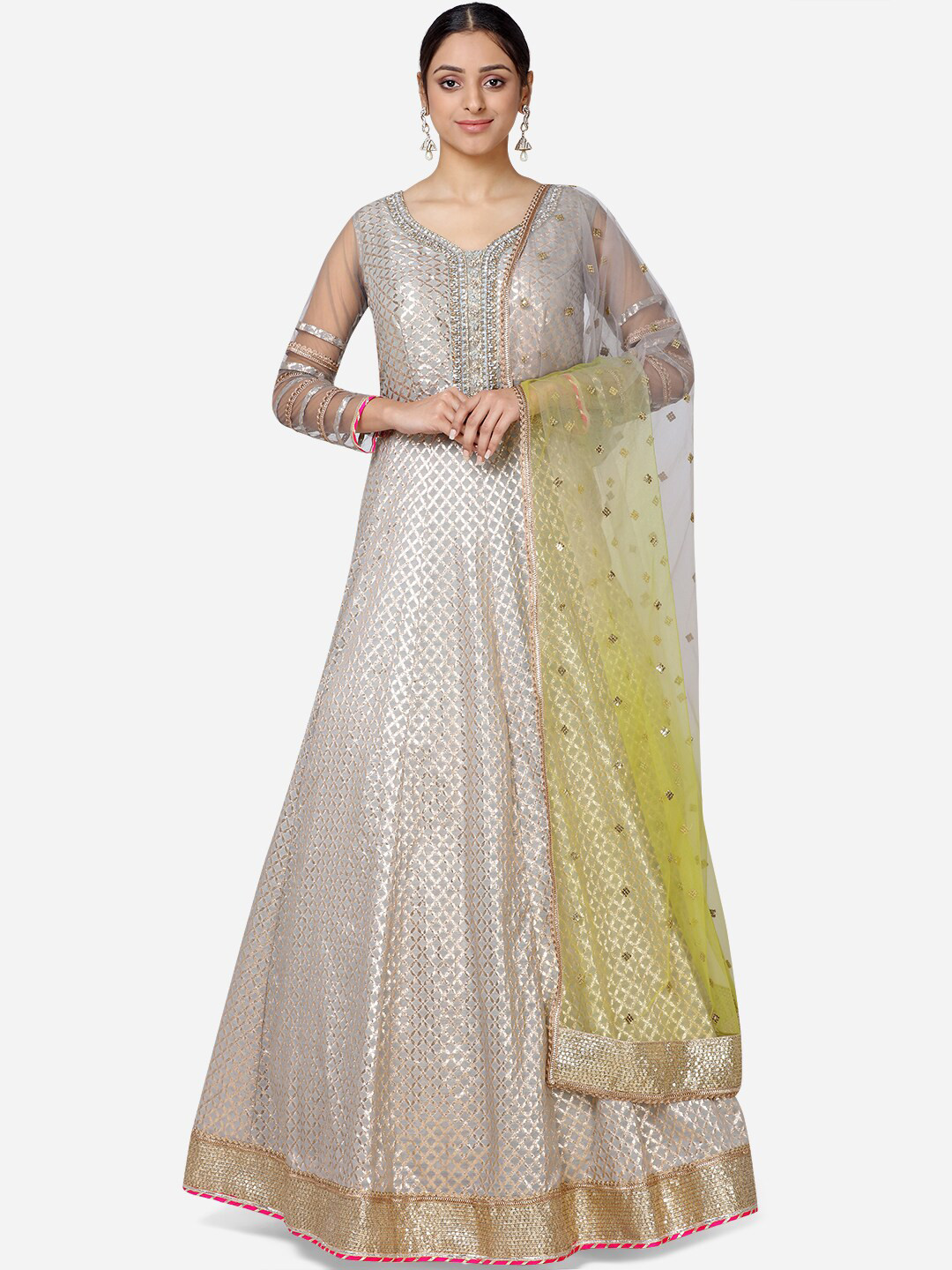 Buy BOMBAY SELECTIONS Women Grey Woven Design Maxi Dress With Dupatta ...