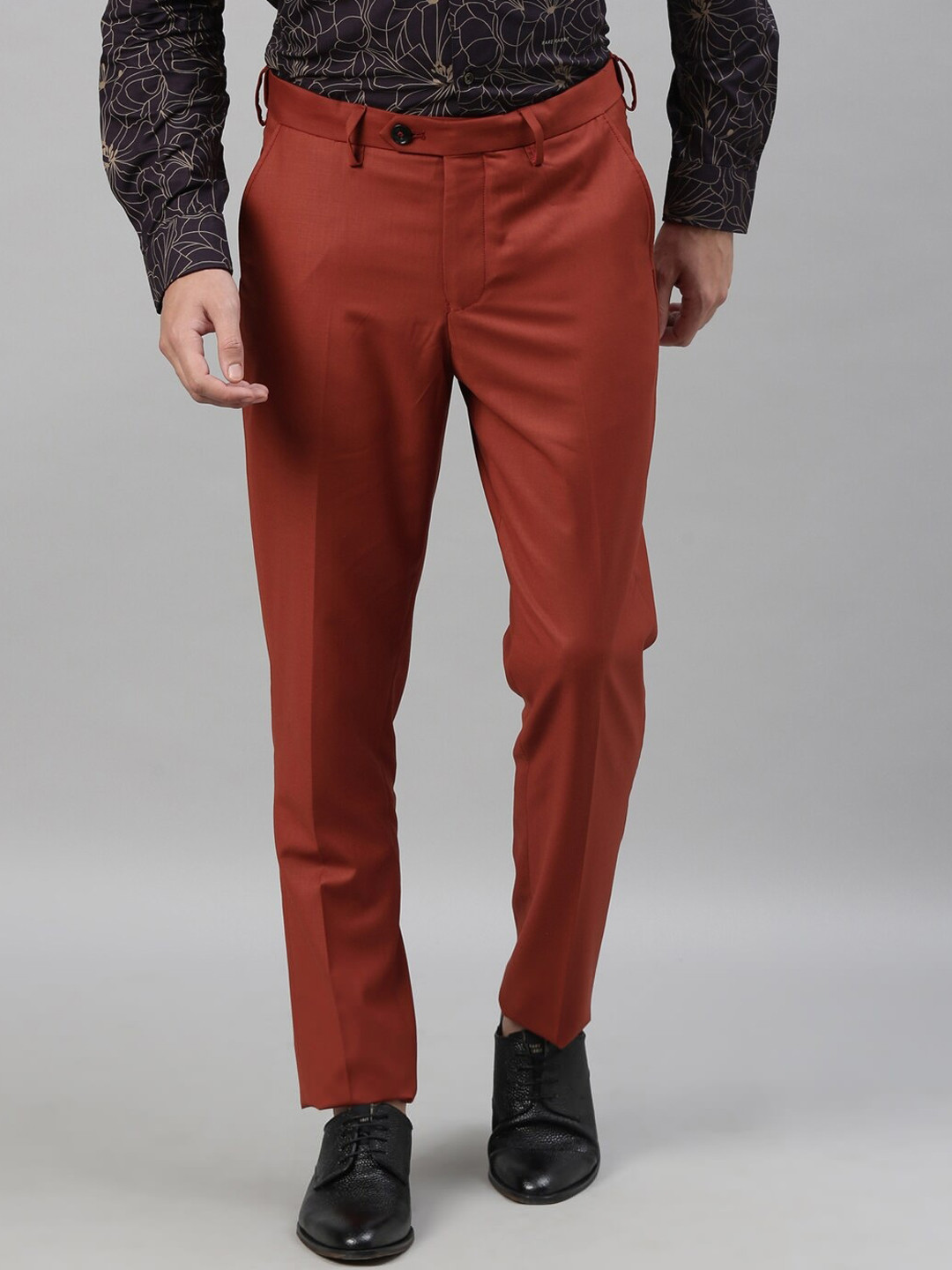 Buy RARE RABBIT Men Rust Brown Regular Fit Solid Regular Trousers ...