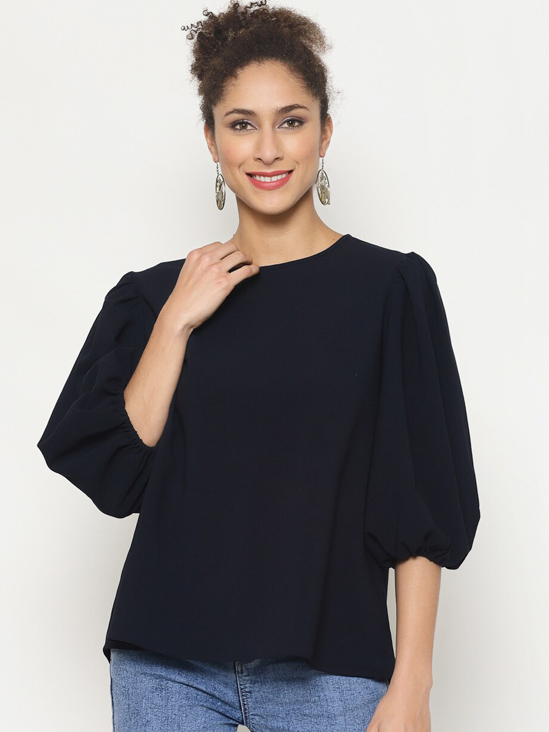 Buy Twenty3 Women Navy Blue Solid Boxy Top - Tops for Women 13561942 ...