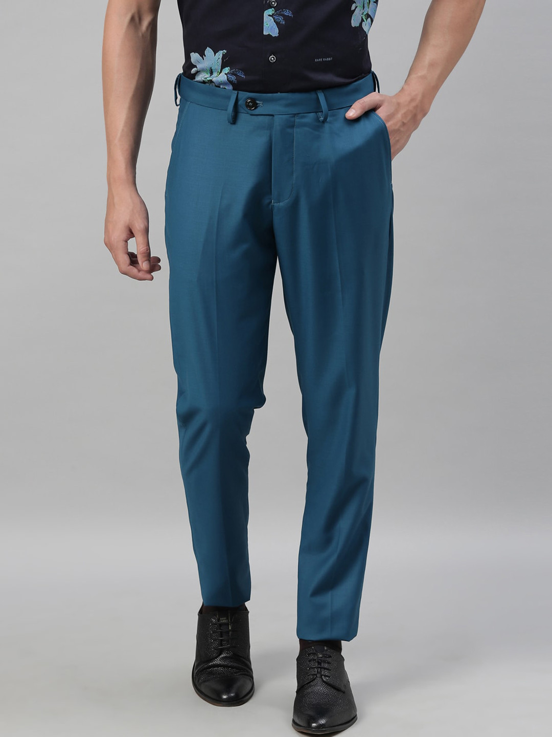 Buy RARE RABBIT Men Blue Regular Fit Solid Trousers - Trousers for Men ...
