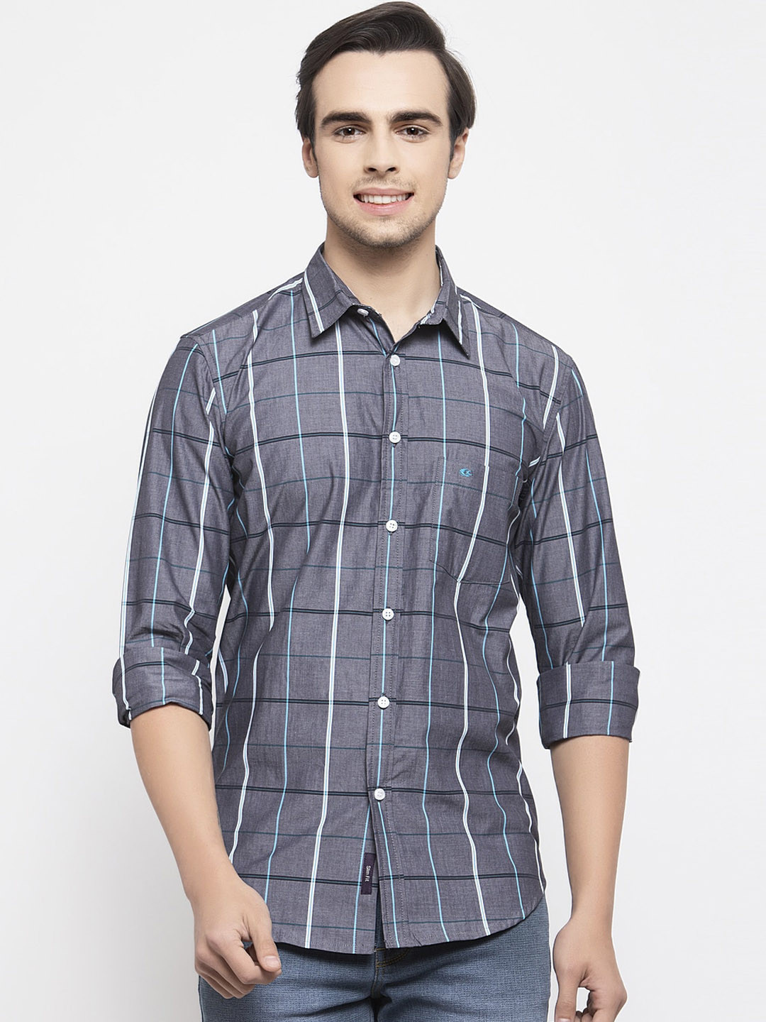 Buy Allen Cooper Men Grey Slim Fit Checked Casual Shirt - Shirts for ...