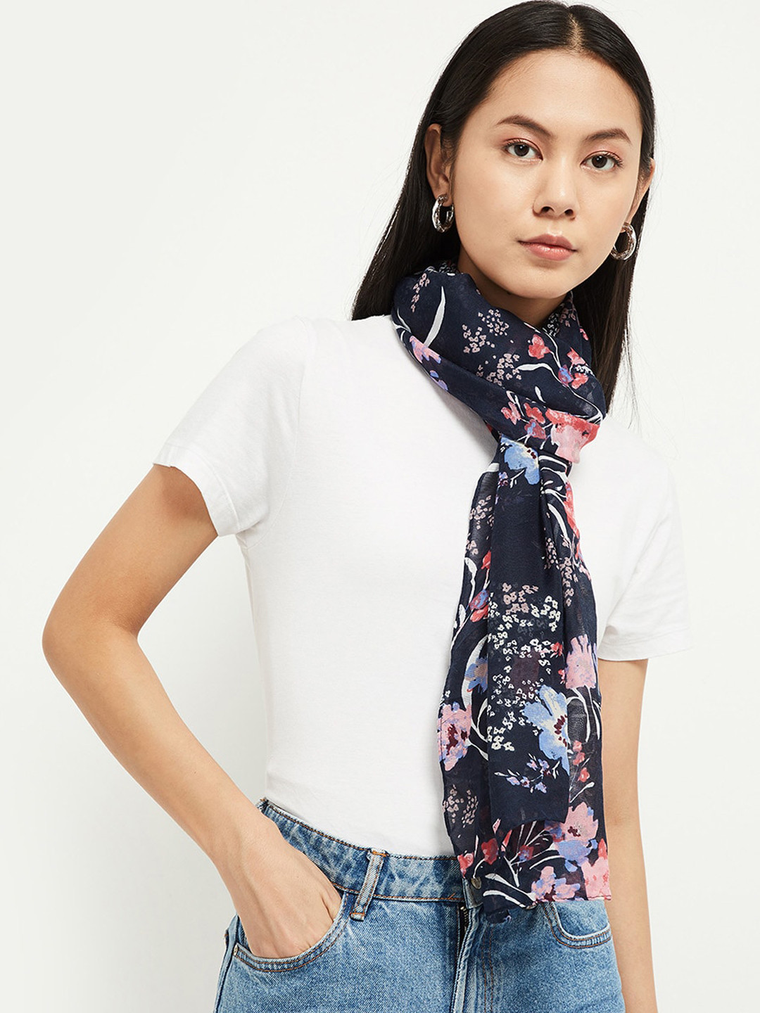 Buy Max Women Navy Blue & Pink Printed Scarf - Scarves for Women ...