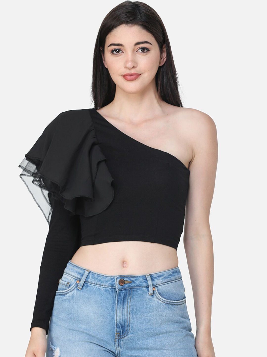 Buy Cation Women Black One Shoulder Crop Top Tops For Women 13676996