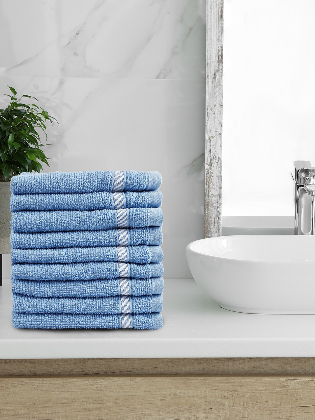 Buy Trident Set Of 9 Blue Solid 380 GSM Face Towels - Face Towels for ...