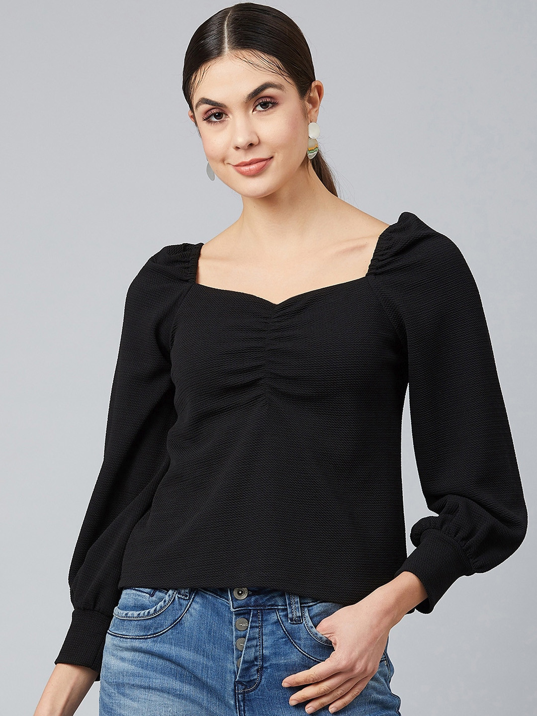 Buy RARE Black Solid Sweetheart Neck Crepe Top - Tops for Women ...