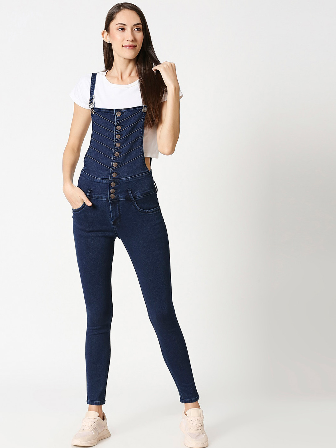 Buy High Star Women Blue Solid Denim Dungarees - Dungarees for Women ...