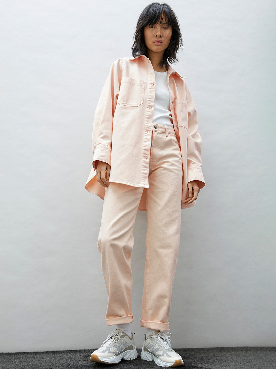 Buy H&M Women Peach Solid Long Denim Shirt Jacket - Jackets for Women ...