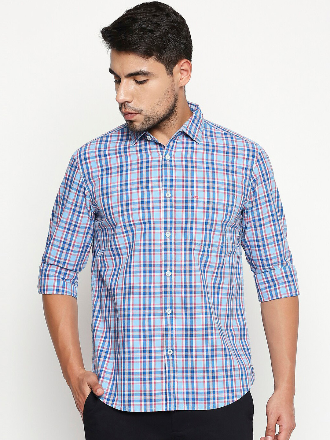 Buy Basics Men Blue Slim Fit Checked Casual Shirt - Shirts for Men ...