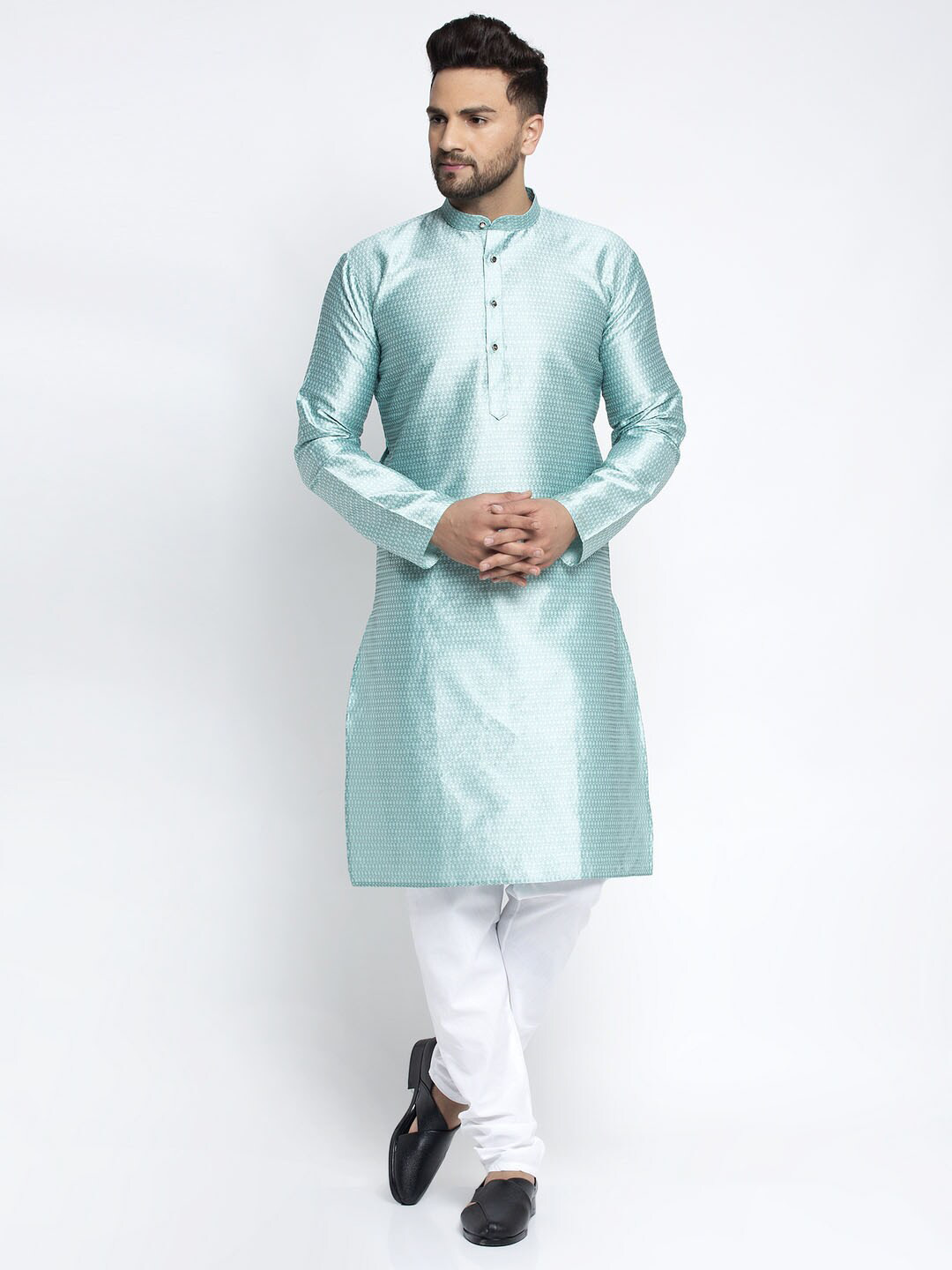 Buy Jompers Men Turquoise Blue & White Solid Kurta With Churidar ...