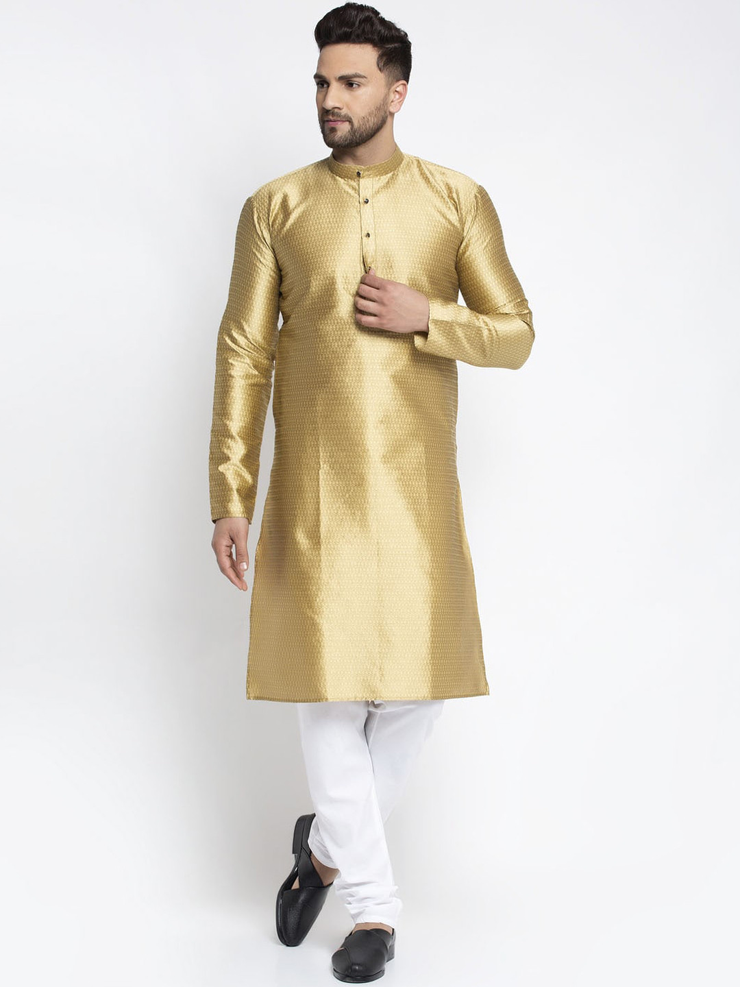 Buy Jompers Men Gold Toned Woven Design Kurta With Churidar - Kurta ...
