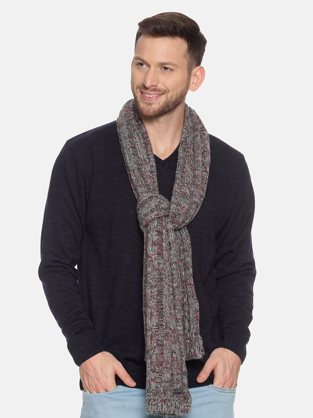 Buy 513 Men Grey & Red Self Design Knitted Muffler - Mufflers for Men ...