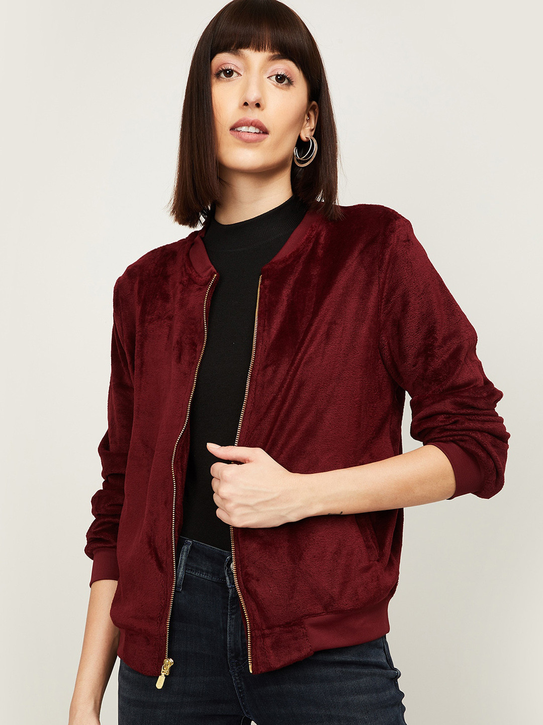 Buy Fame Forever By Lifestyle Women Burgundy Solid Bomber Jacket ...