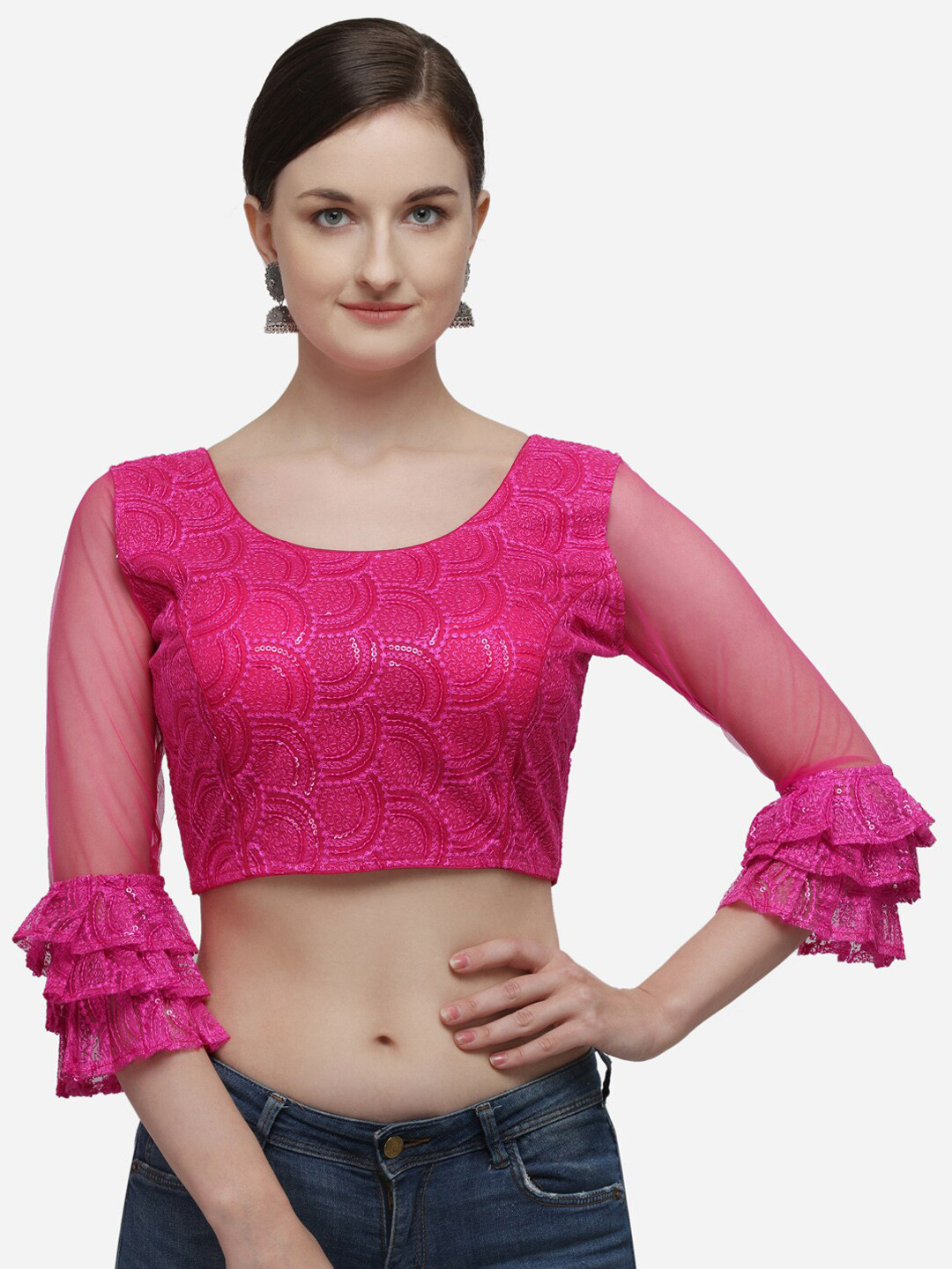 Buy Fab Dadu Women Pink Embellished Padded Readymade Saree Blouse ...