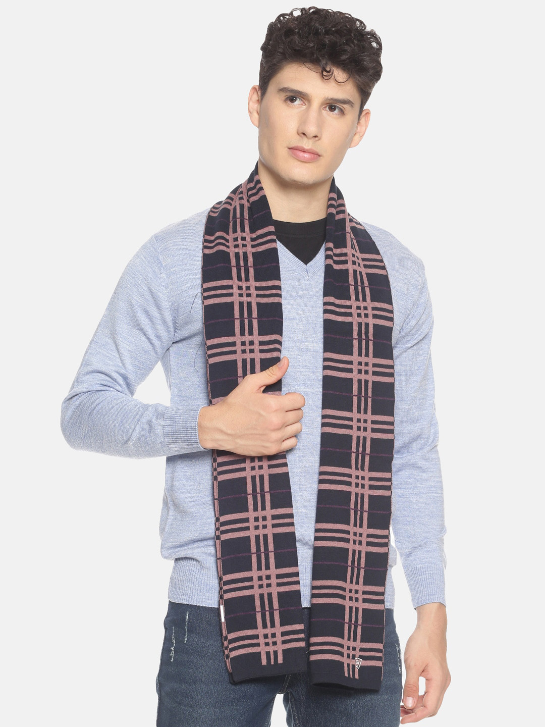 Buy 513 Men Navy Blue And Beige Checked Knitted Muffler - Mufflers for ...