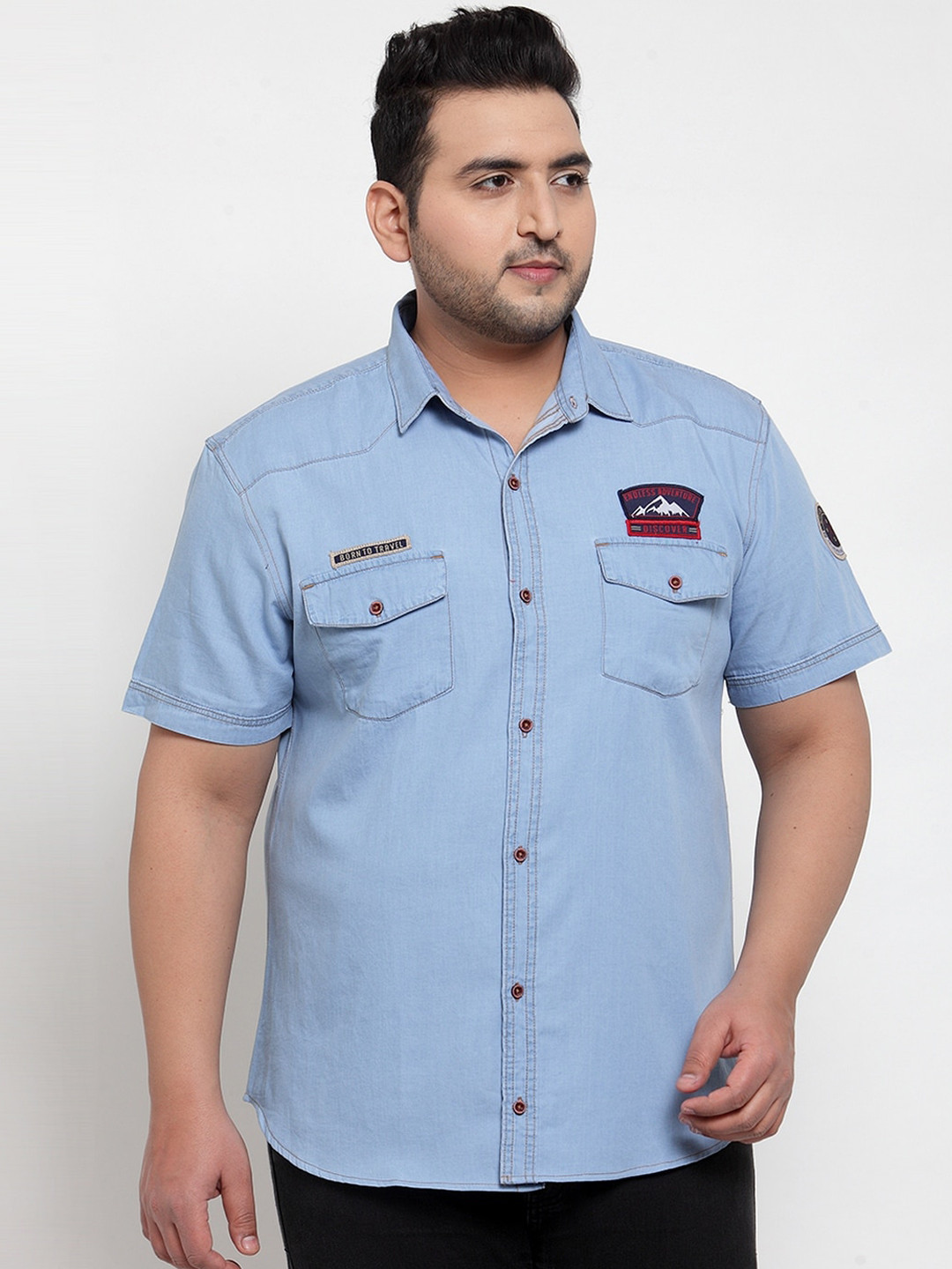 Buy PlusS Men Blue Regular Fit Solid Casual Denim Shirt - Shirts for ...