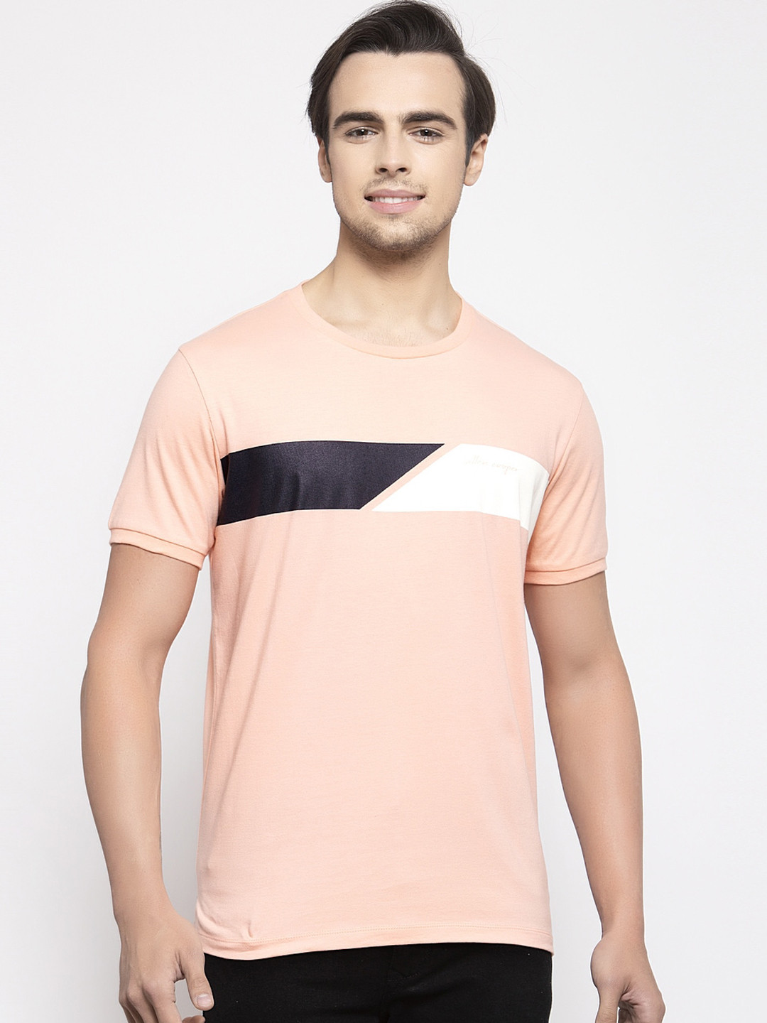 Buy Allen Cooper Men Peach Coloured Printed Round Neck T Shirt ...