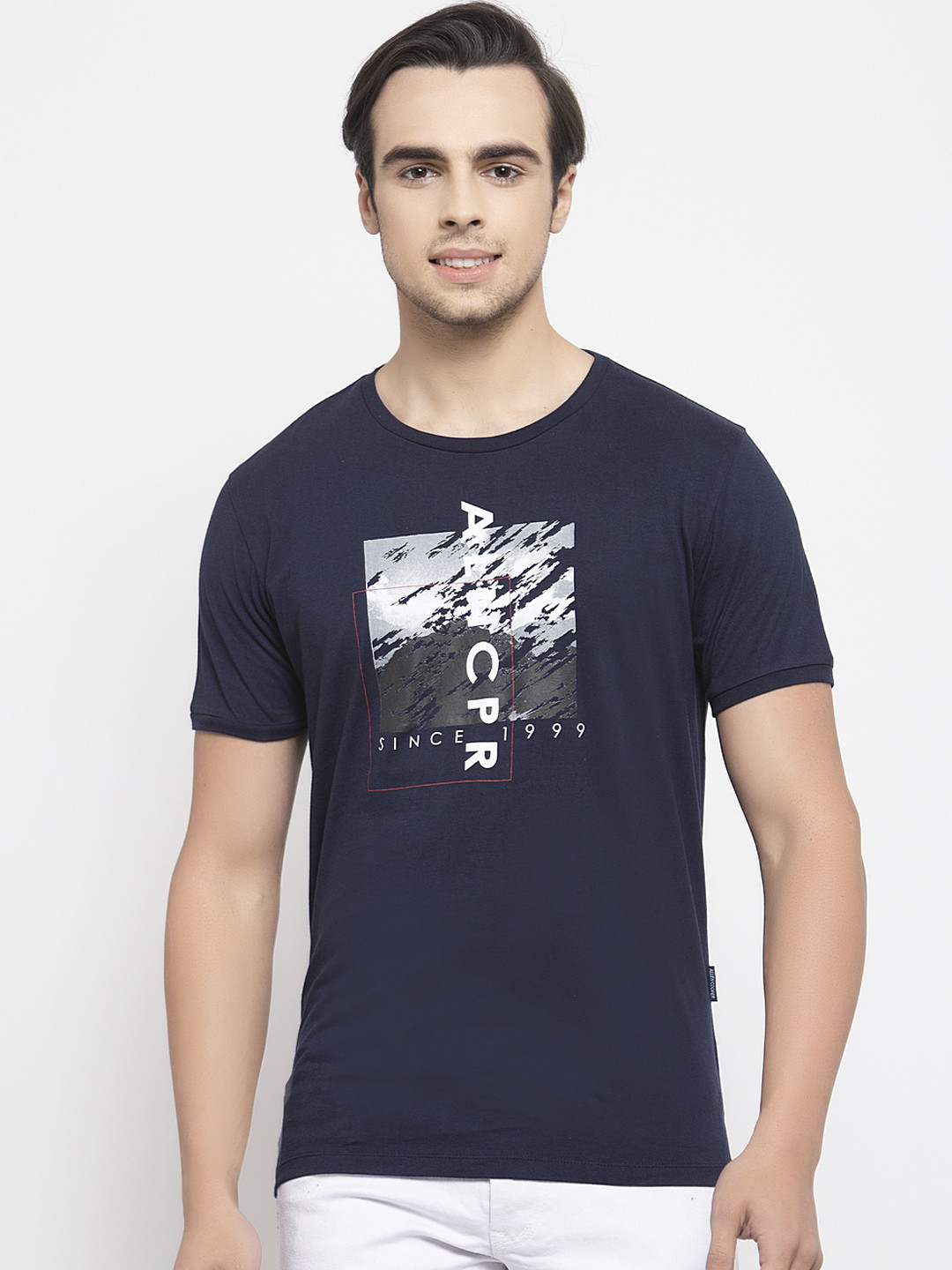 Buy Allen Cooper Men Navy Blue Slim Fit Printed Round Neck T Shirt ...
