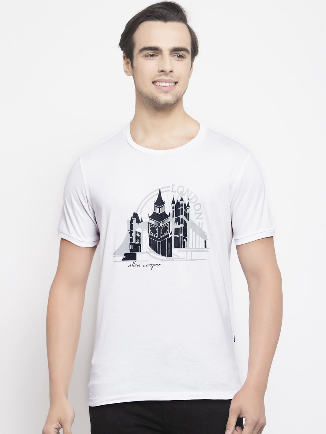 Buy Allen Cooper Men White Slim Fit Printed Round Neck T Shirt ...