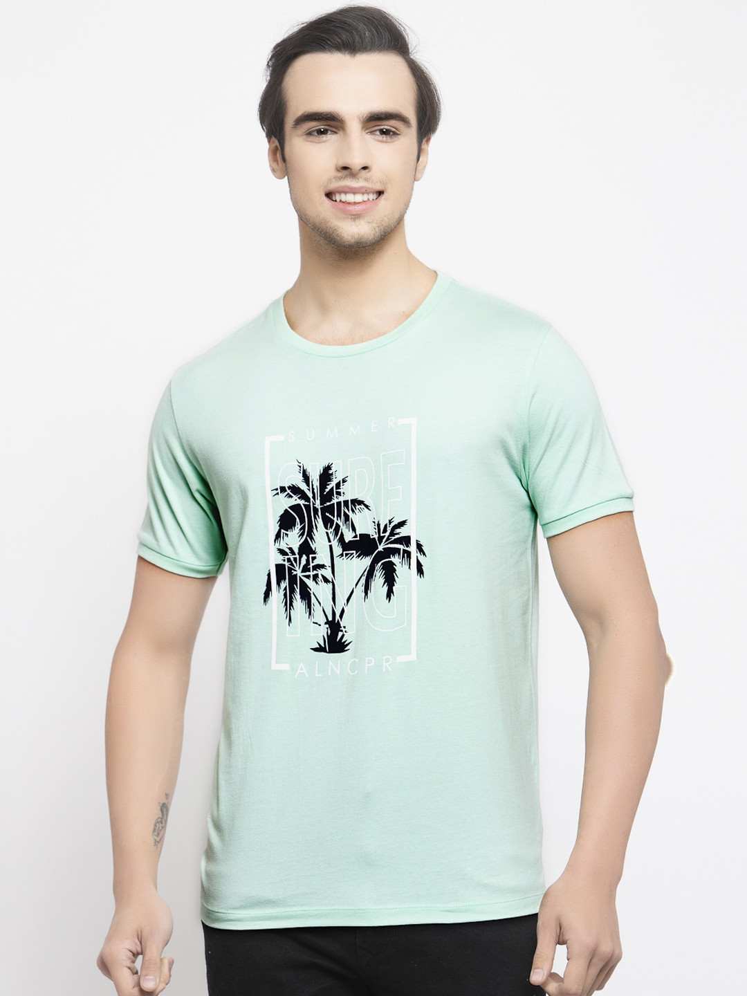 Buy Allen Cooper Men Aqua Green Printed Round Neck Tshirt - Tshirts for ...